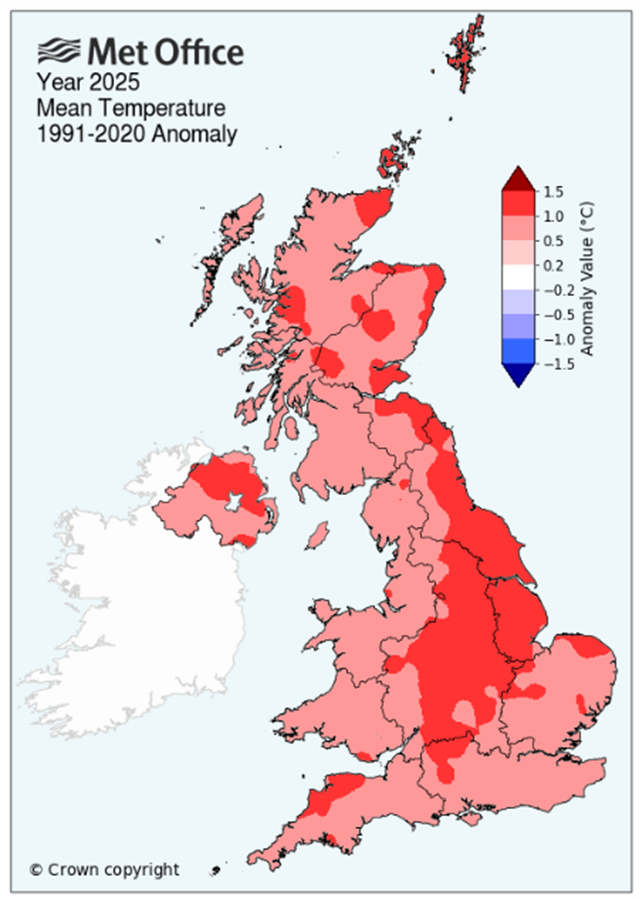 2025 UK mean temperature anomaly map